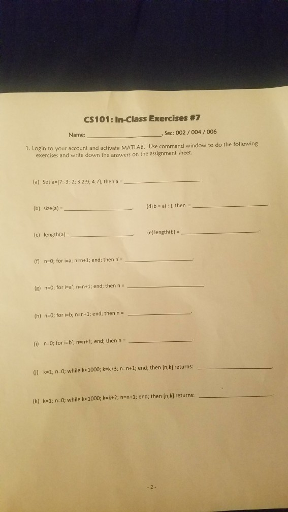 Solved CS 101: In-Class Exercises #7 Name: Sec: 002/004/006 | Chegg.com