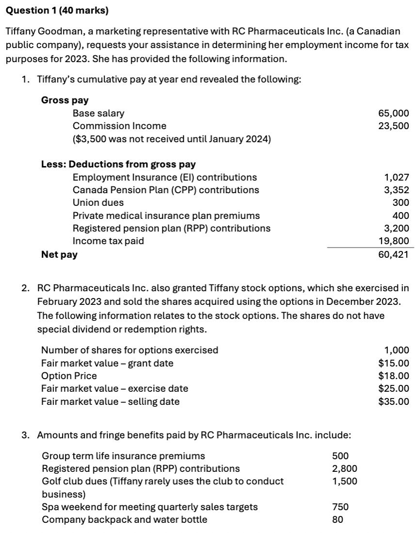 Solved Question 1 (40 marks) Tiffany Goodman, a marketing | Chegg.com