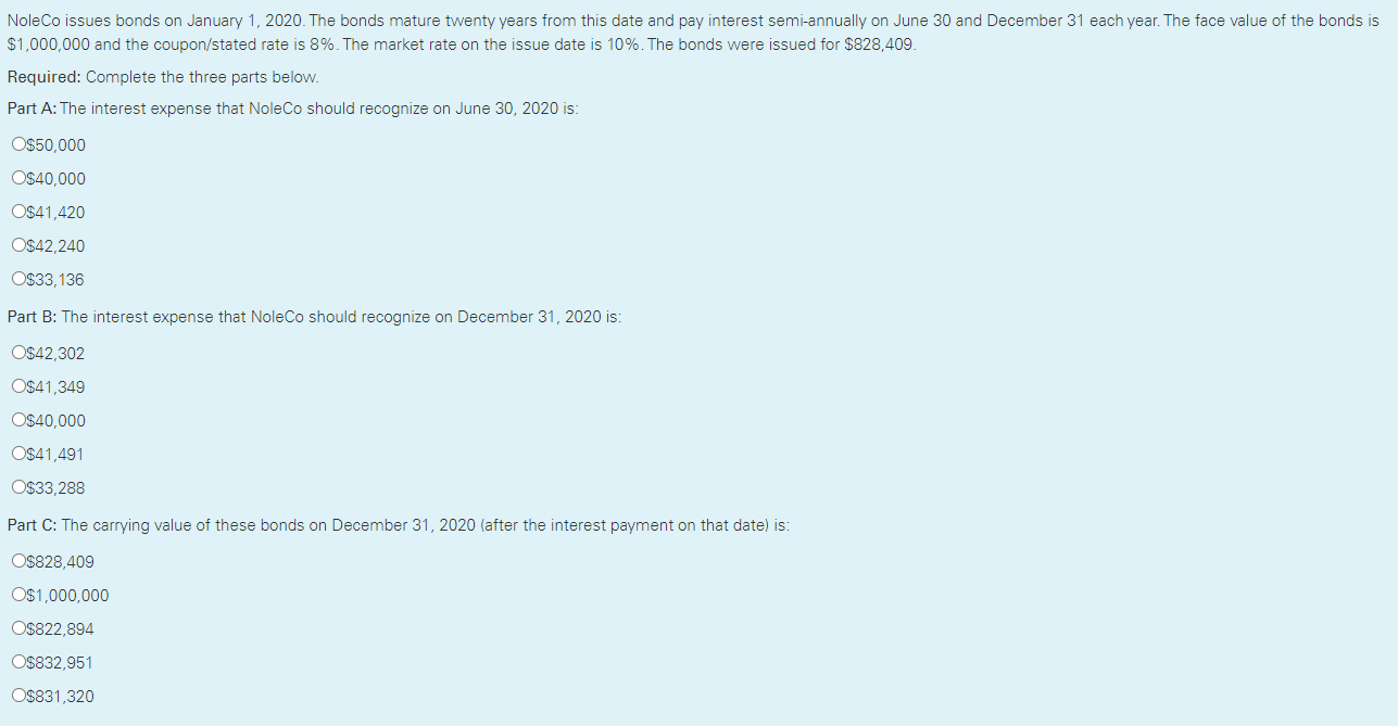 Solved NoleCo issues bonds on January 1, 2020. The bonds | Chegg.com