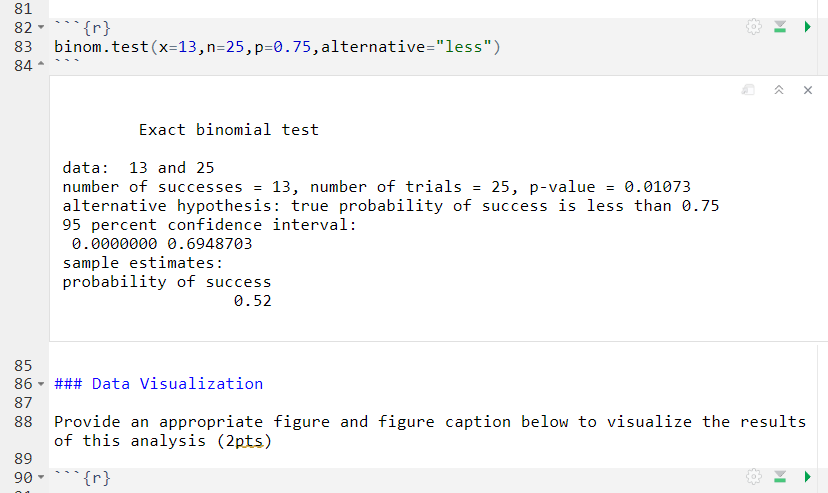 Solved binom.test (x=13,n=25,p=0.15, aIternative =1ess) | Chegg.com