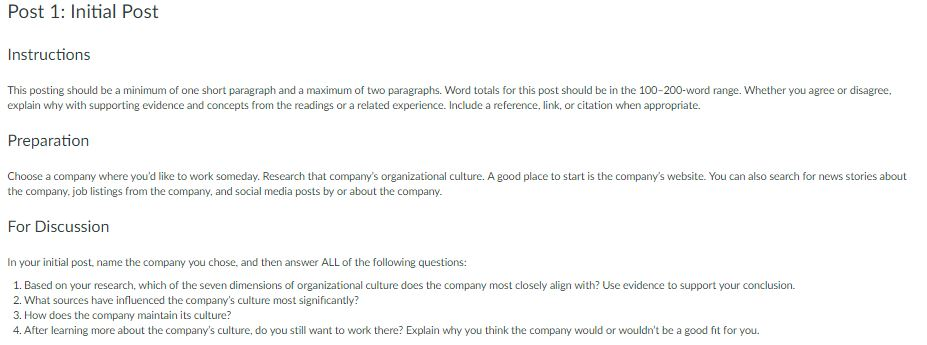 Solved Post 1: Initial Post Instructions This posting should | Chegg.com