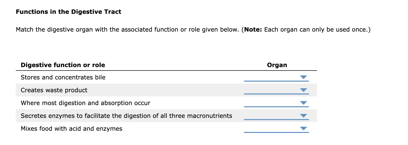 Functions in the Digestive Tract Match the digestive | Chegg.com