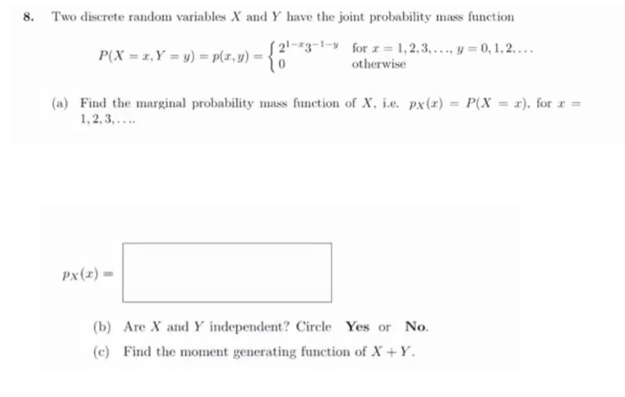 Solved 8. Two discrete random variables X and Y have the | Chegg.com