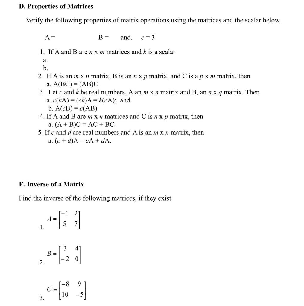 Solved D. Properties of Matrices Verify the following | Chegg.com