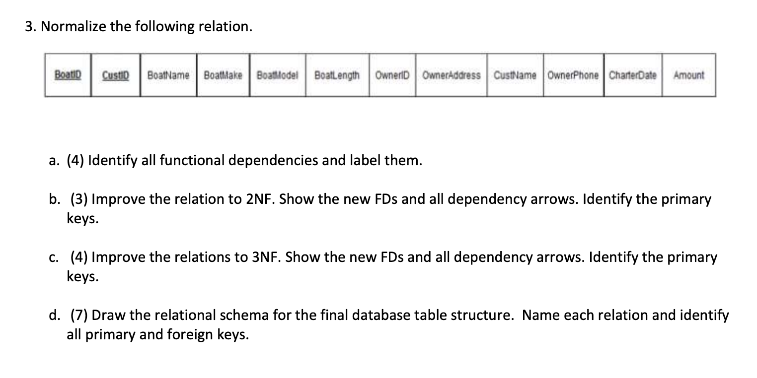 Solved 3. Normalize the following relation. Boatlo Custo | Chegg.com