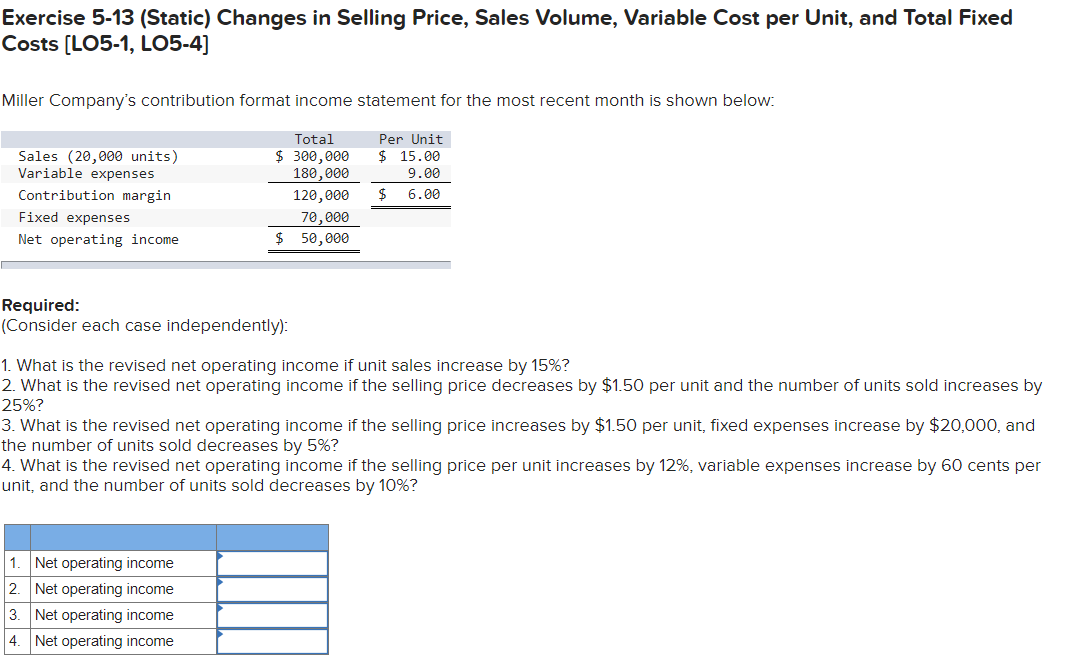Solved Exercise 5-13 (Static) Changes in Selling Price, | Chegg.com