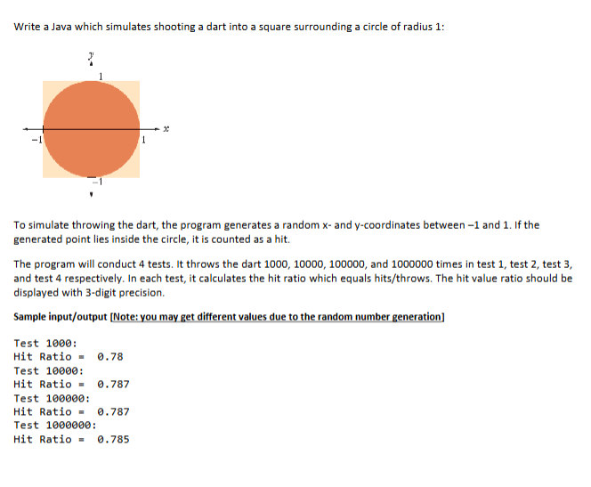 Solved Write a Java which simulates shooting a dart into a | Chegg.com