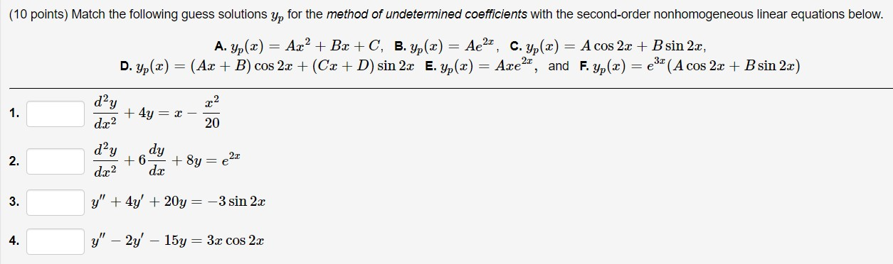 Solved (10 points) Match the following guess solutions yp | Chegg.com