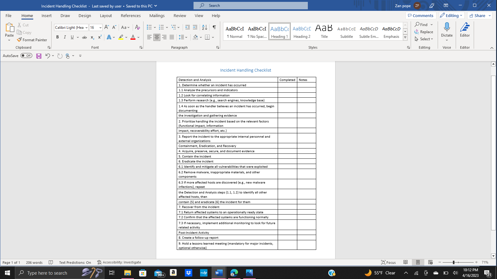 Solved Using the Incident Handling Checklist from the NIST | Chegg.com
