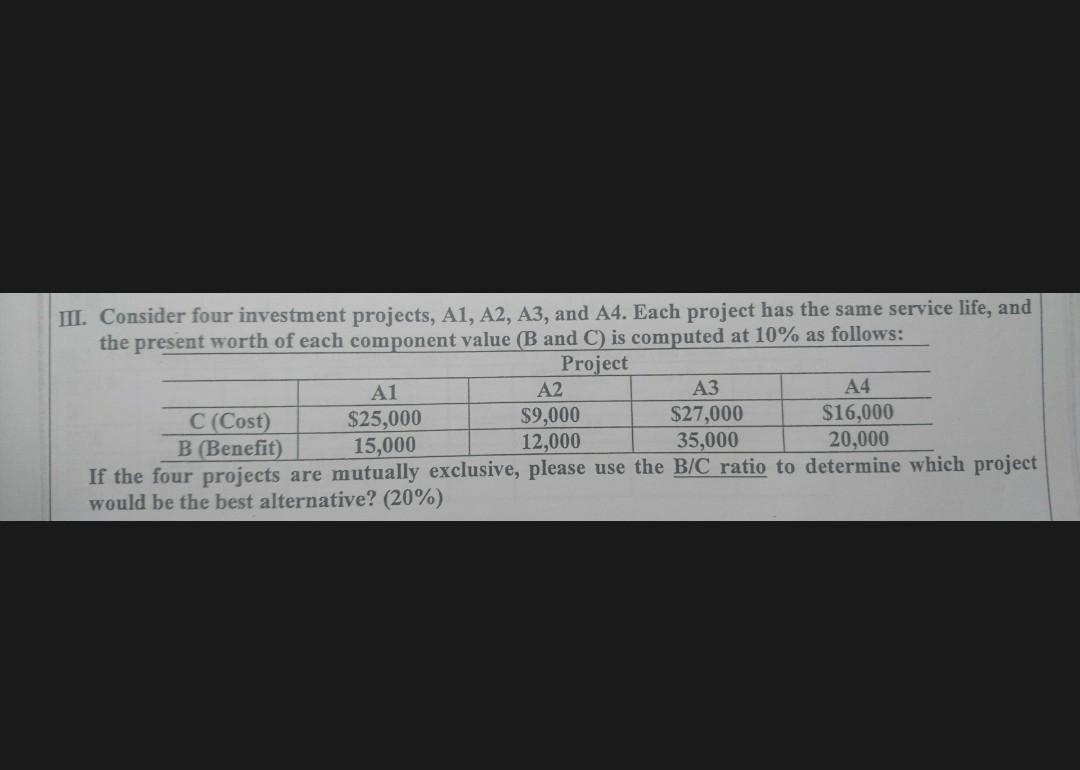 Solved III. Consider four investment projects, A1, A2, A3, | Chegg.com