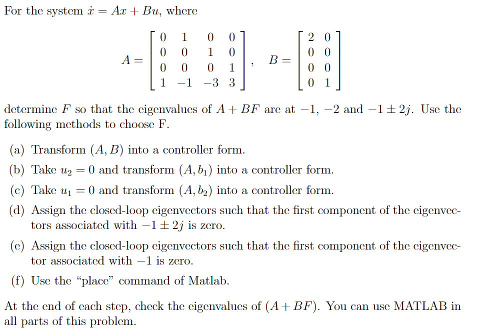 Solved For the system x˙=Ax+Bu, | Chegg.com