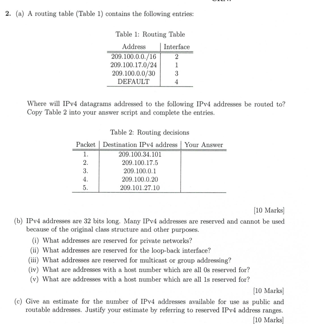 Solved 2. (a) A routing table (Table 1) contains the | Chegg.com