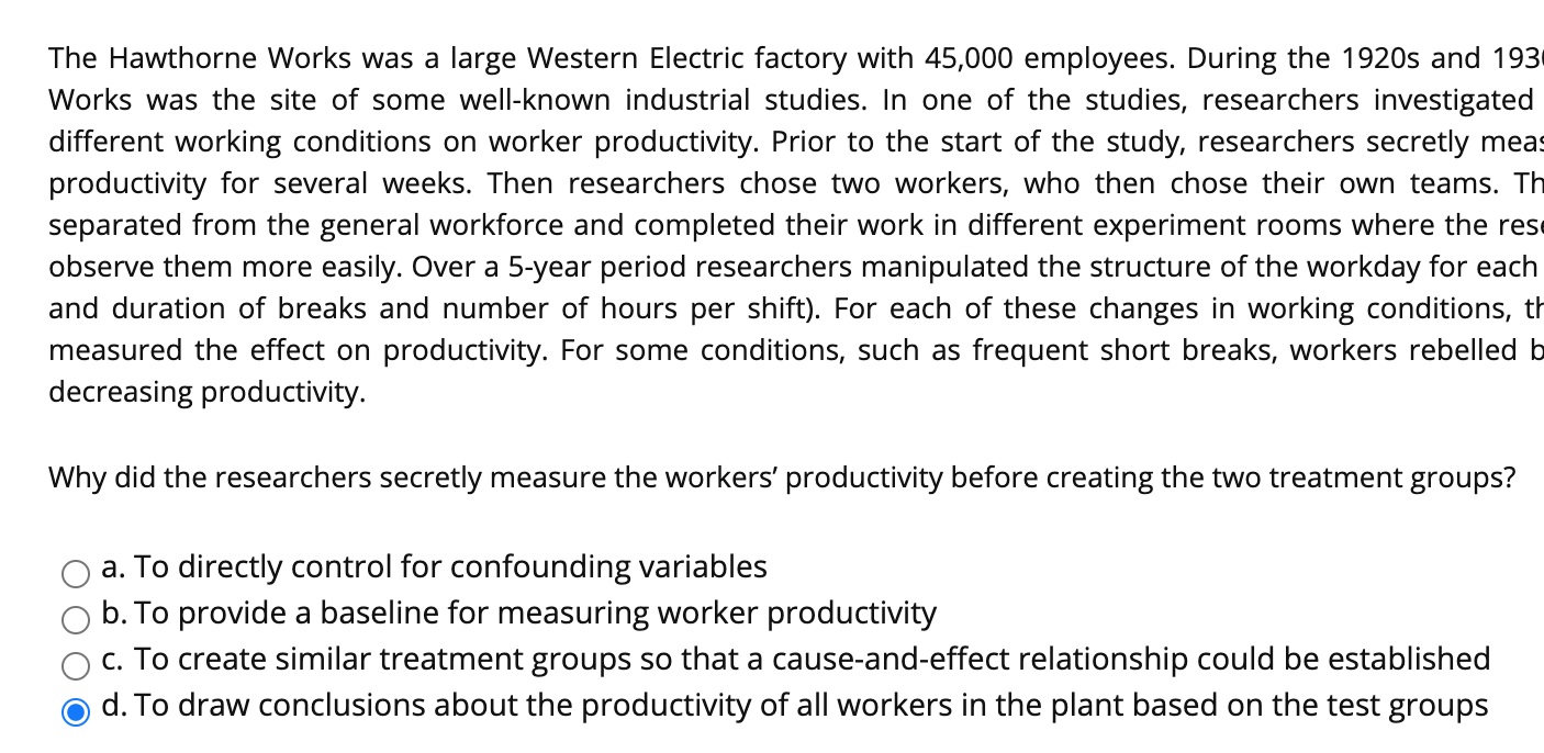 Solved The Hawthorne Works was a large Western Electric | Chegg.com
