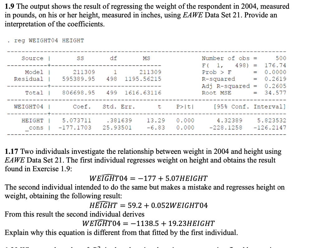 Solved 1.9 The output shows the result of regressing the | Chegg.com