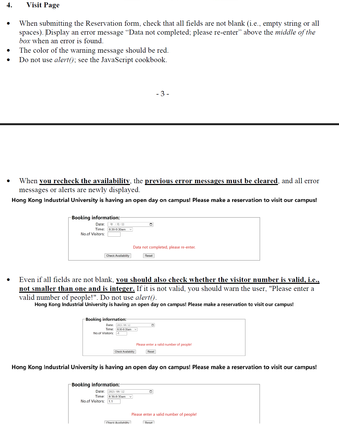 Solved 4. Visit Page - When submitting the Reservation form, | Chegg.com