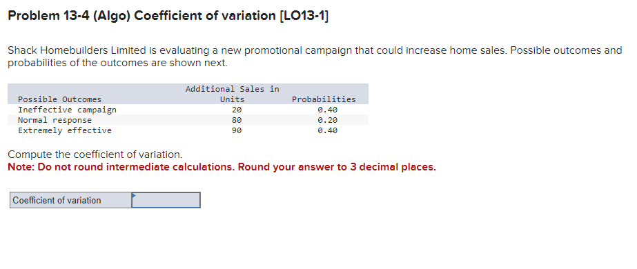 Solved Problem 13-4 (Algo) Coefficient of variation [LO13-1] | Chegg.com
