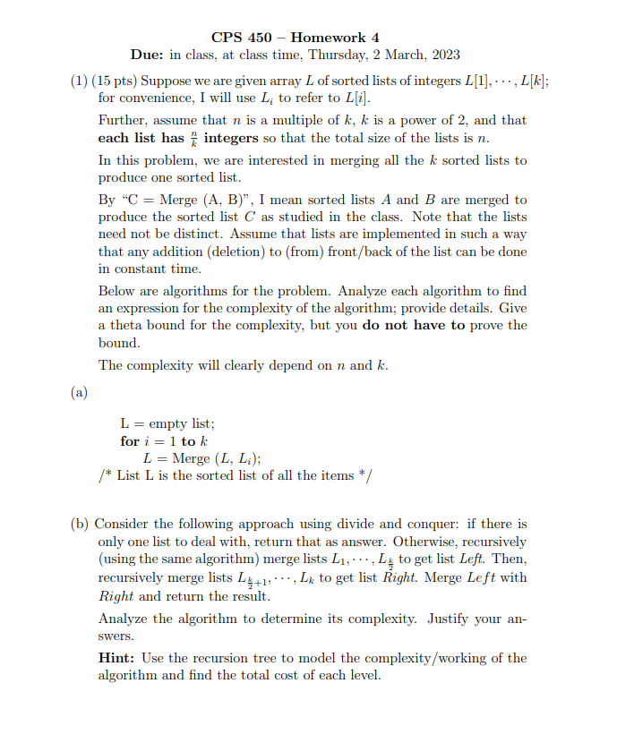 Solved CPS 450 - Homework 4 Due: in class, at class time, | Chegg.com