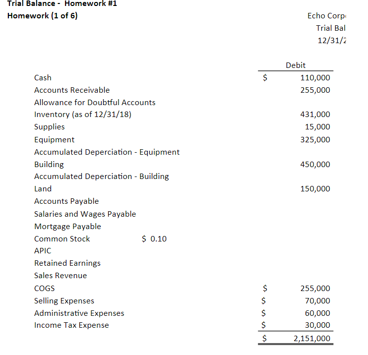 Solved Trial Balance - Homework #1 Homework (1 of 6) Echo | Chegg.com