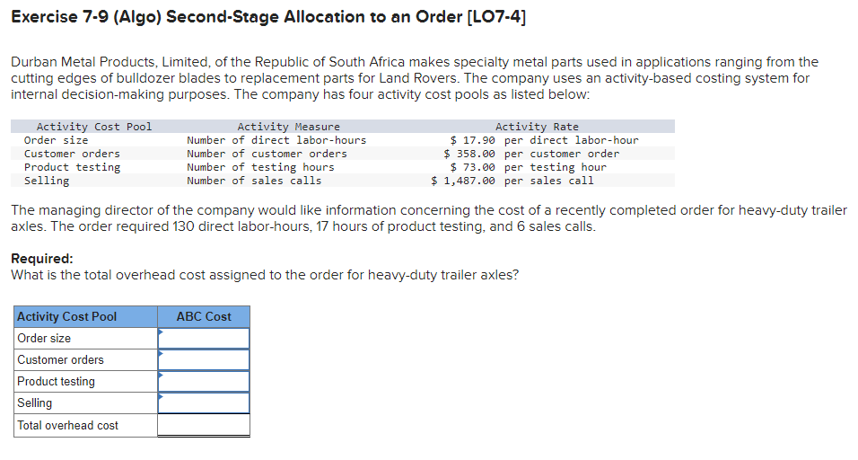 Solved Exercise 7-9 (Algo) Second-Stage Allocation to an | Chegg.com