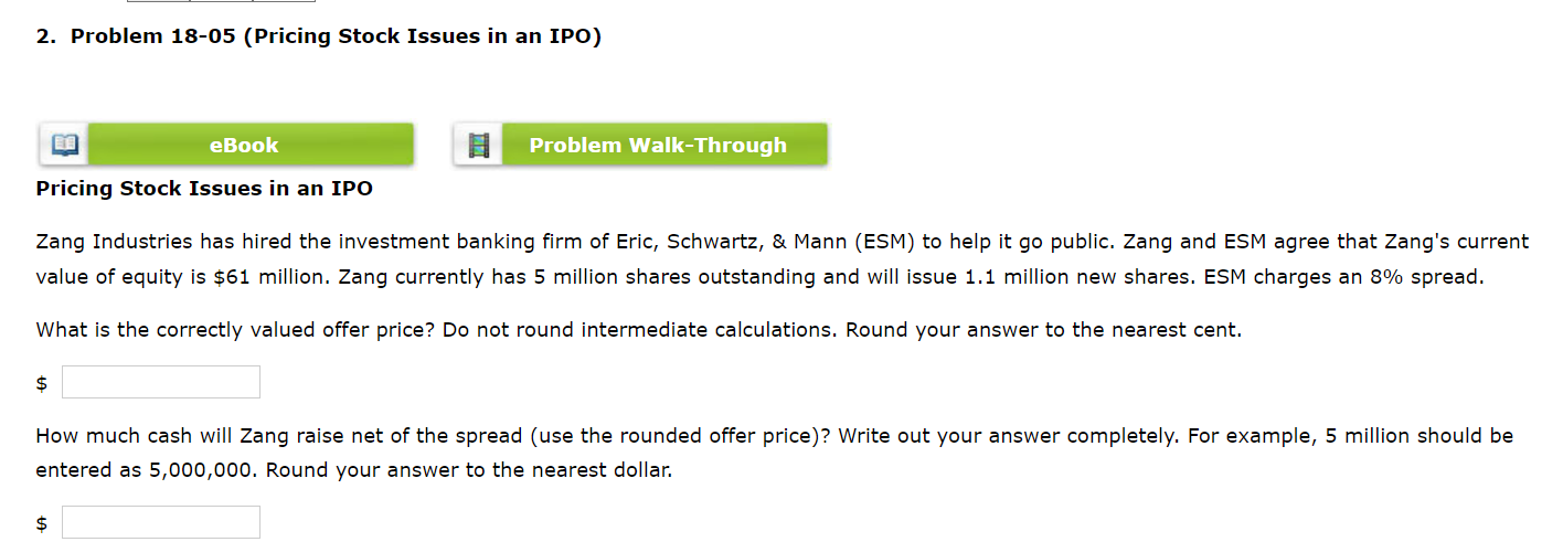 Solved 2. Problem 18-05 (Pricing Stock Issues in an IPO) El | Chegg.com