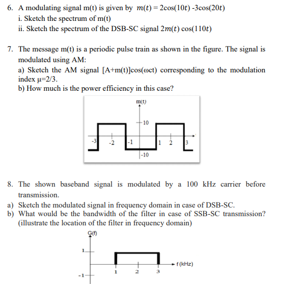 Solved 6. A modulating signal m(t) is given by m(t) = | Chegg.com