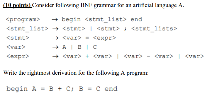 Solved Consider following BNF grammar for an artificial | Chegg.com