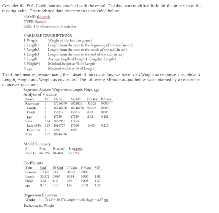 Solved Consider the Fish Catch data set attached with the | Chegg.com