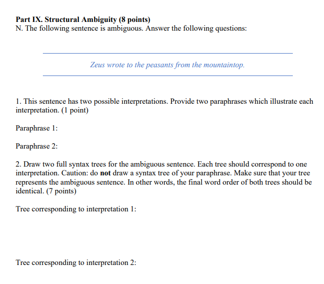 Part IX. Structural Ambiguity (8 points) N. The | Chegg.com