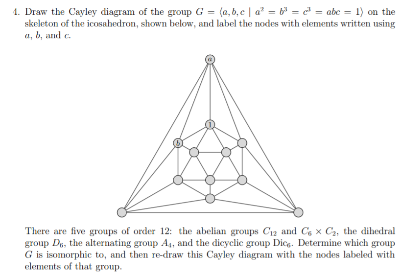 Solved 4. Draw the Cayley diagram of the group G = (a,b,c | | Chegg.com