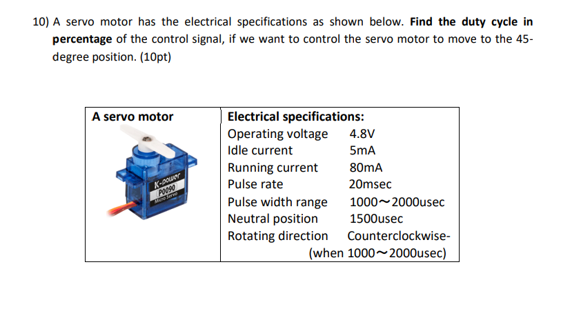 Solved 10) A servo motor has the electrical specifications | Chegg.com