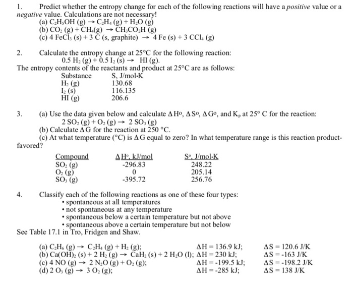 Solved Predict whether the entropy change for each of the | Chegg.com