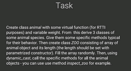 Solved Task Create class animal with some virtual function | Chegg.com