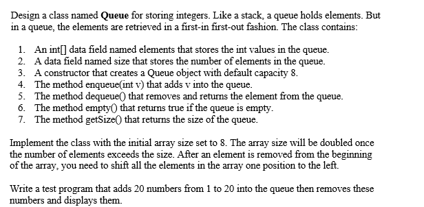 Solved Design a class named Queue for storing integers. Like | Chegg.com