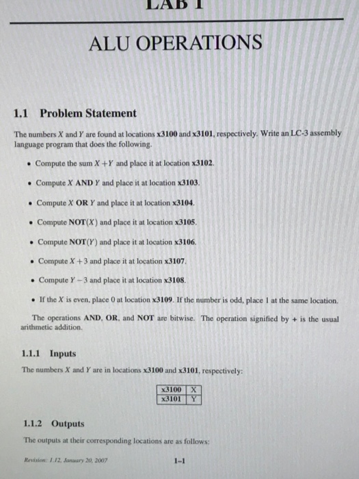 LAB ALU OPERATIONS 1.1 Problem Statement The numbers | Chegg.com