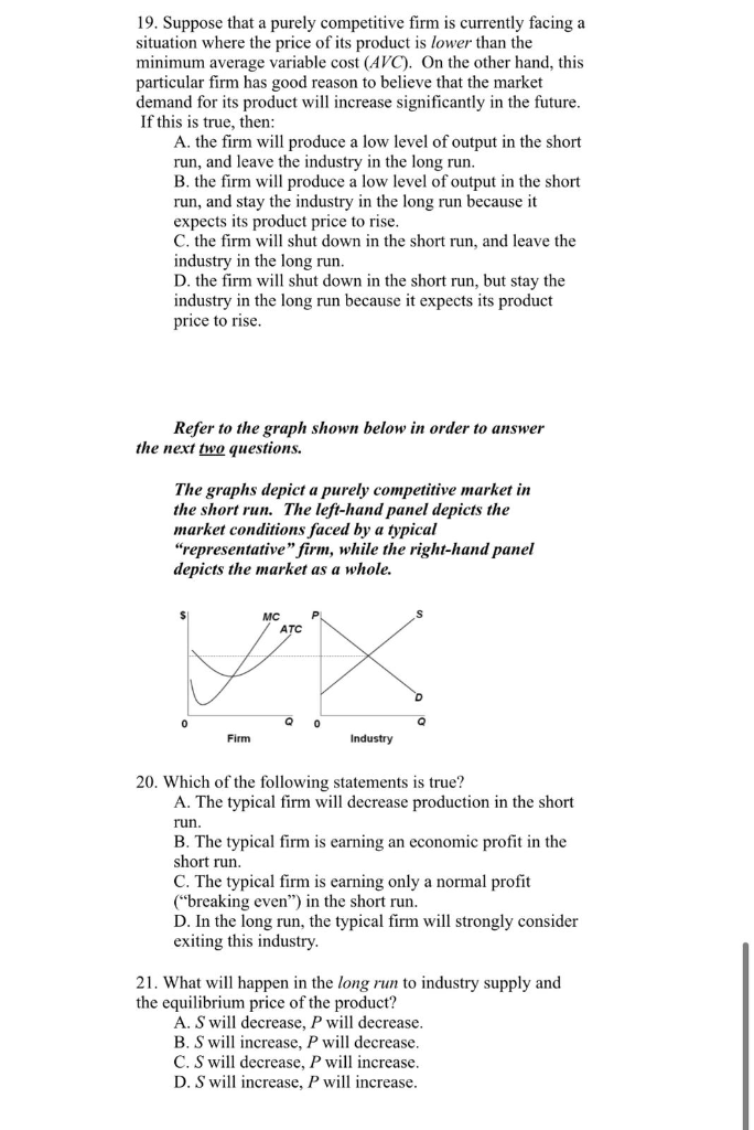 Solved 19. Suppose that a purely competitive firm is | Chegg.com