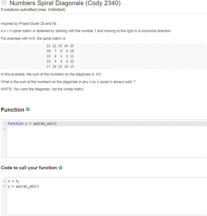Solved Numbers Spiral Diagonals (Cody 2340) O solutions | Chegg.com