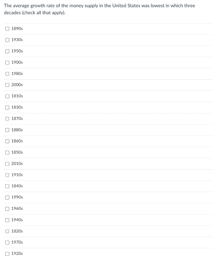 Solved The average growth rate of the money supply in the | Chegg.com