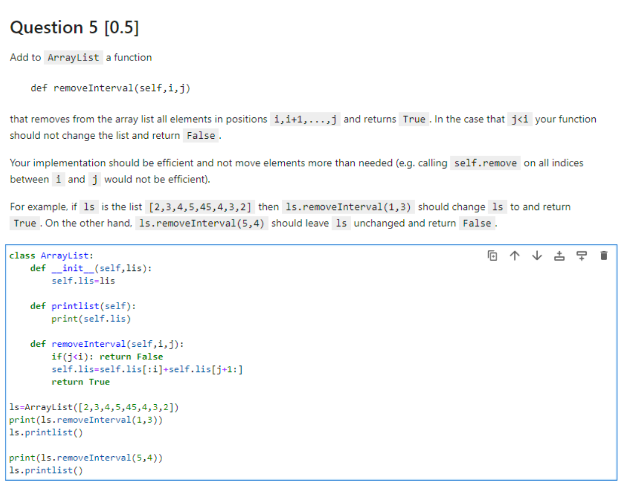 Solved I want to add removeInterval to ArrayList, how to | Chegg.com