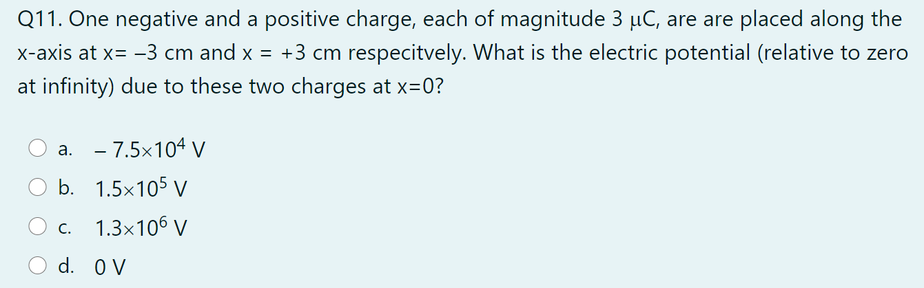 Solved Q11. One negative and a positive charge, each of | Chegg.com