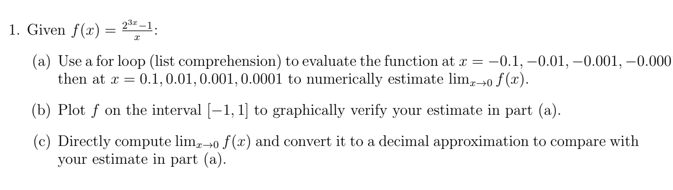 Solved 1 Given Fxx23x−1 A Use A For Loop List 