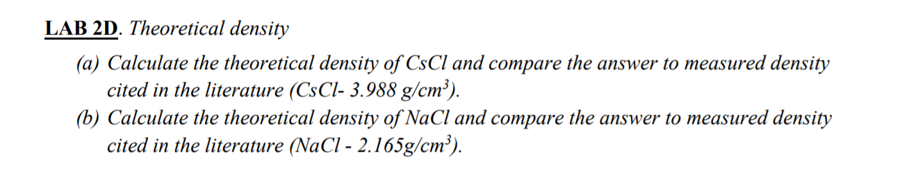 Solved LAB 2D. Theoretical density (a) Calculate the | Chegg.com