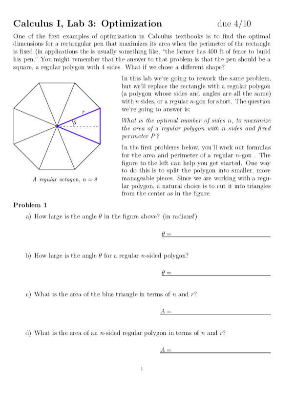Solved Calculus I, Lab 3: Optimization due 4/1(0 One of the | Chegg.com