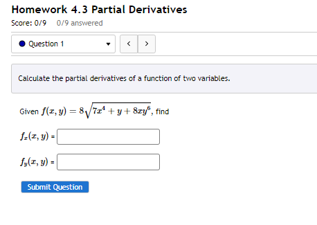 Solved Homework 4.3 Partial Derivatives Soore: 0/90/9 | Chegg.com