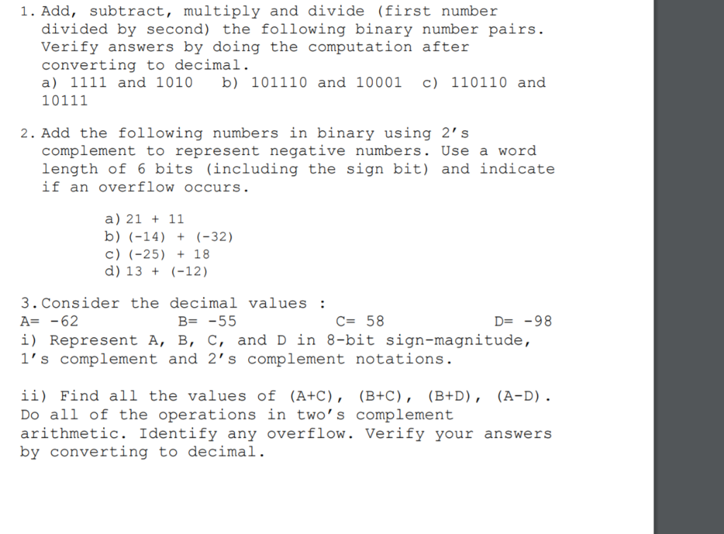 Solved 1. Add, subtract, multiply and divide (first number | Chegg.com