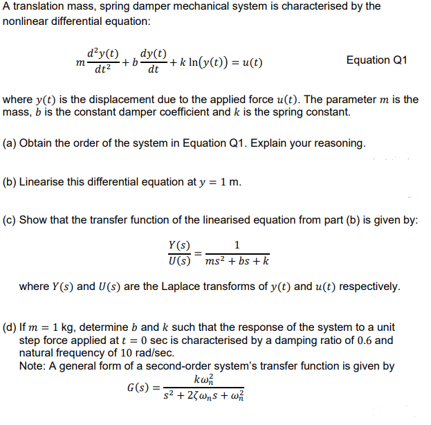 Solved A translation mass, spring damper mechanical system | Chegg.com