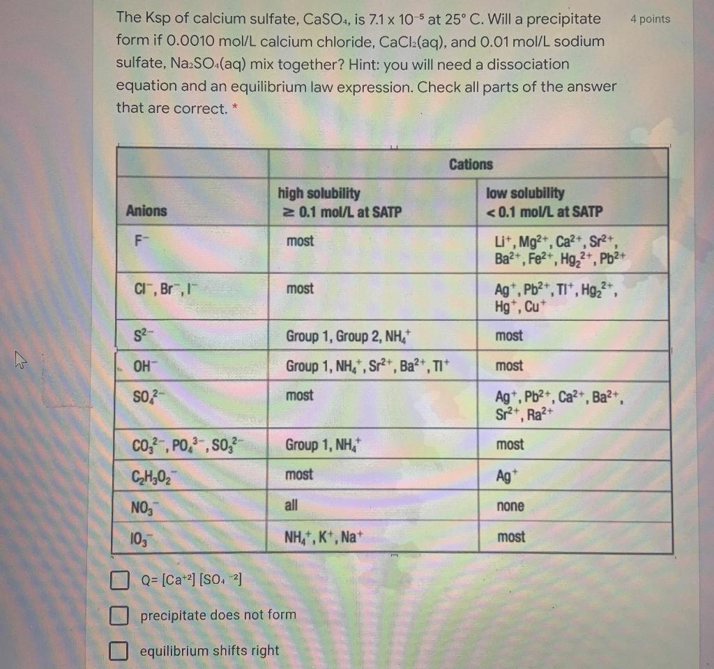 Solved answerin4options 4 points The Ksp of calcium | Chegg.com