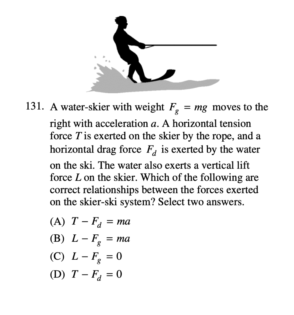 [Solved]: 31. A water-skier with weight Fg=mg moves to the
