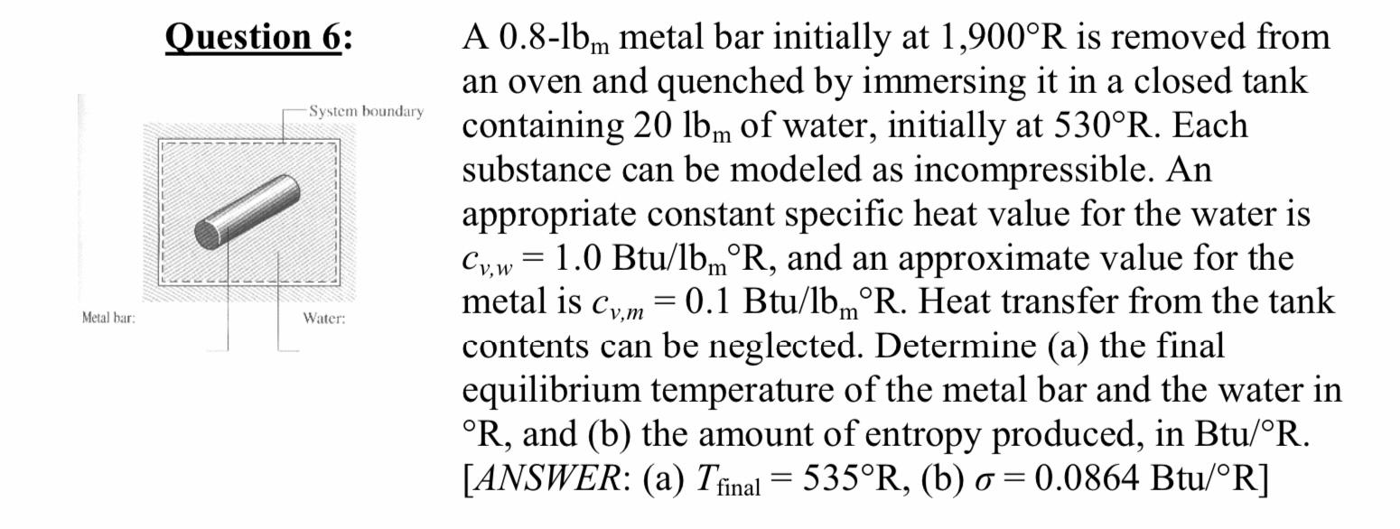 Solved Question 6: A 0.8−lbm metal bar initially at 1,900∘R | Chegg.com