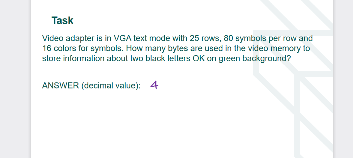 Solved Task Video adapter is in VGA text mode with 25 rows, | Chegg.com
