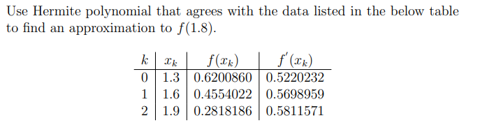 Solved Use Hermite polynomial that agrees with the data | Chegg.com